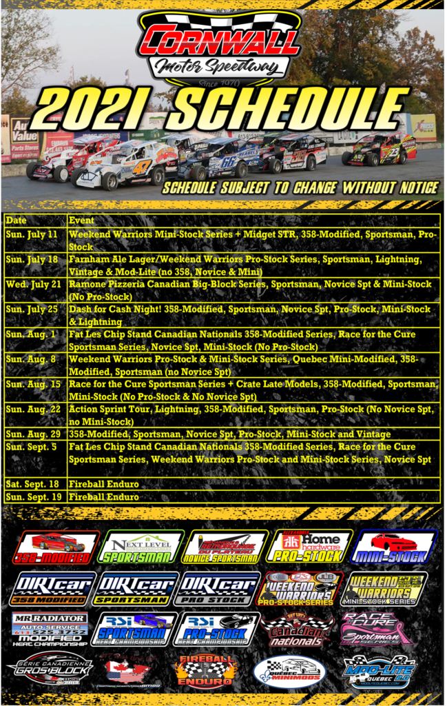 2021 Schedule - Cornwall Motor Speedway